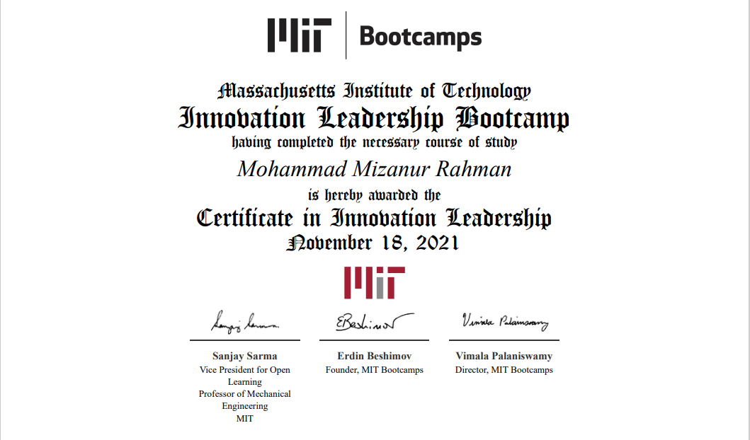 Certificate for MIT Bootcamp completion – Mizan's Paradigm